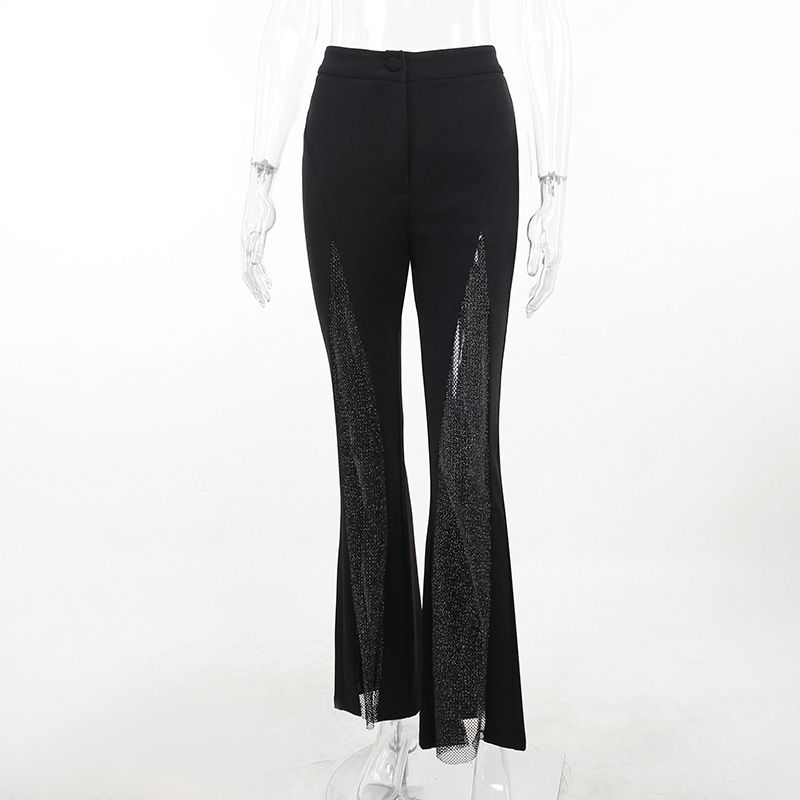 Black Paneled Sequin Design Feel Hot Girl Sexy Sheer Slim Pants For ...